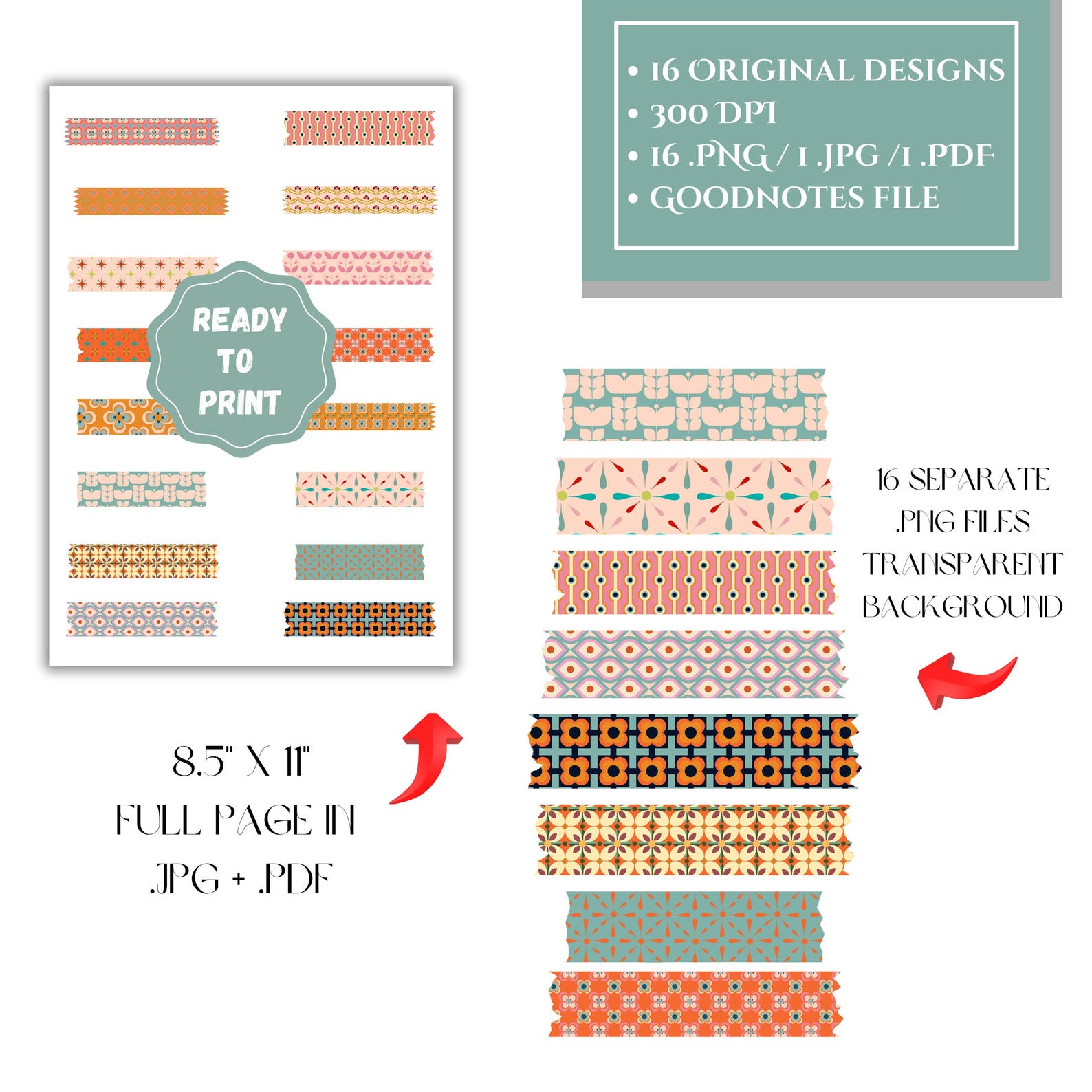 Digital Washi Tape, Retro Vintage Tape Clipart, Goodnotes Sticky Tapes ...