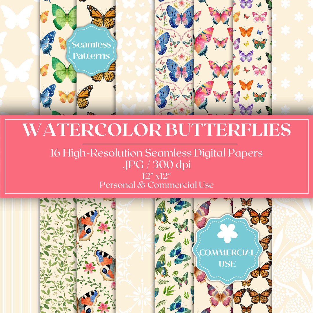 Watercolor Butterflies Digital Papers, Seamless Butterfly Patterns ...