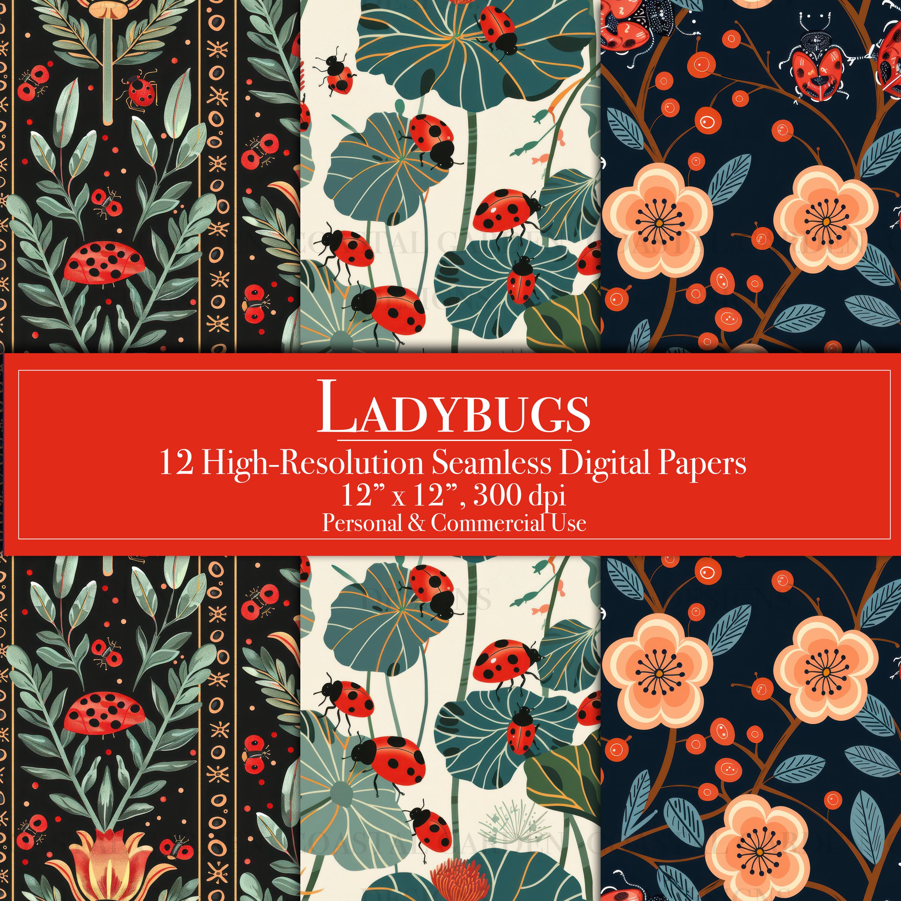 Ladybug Digital Papers, Floral Seamless Digital Scrapbook Patterns ...
