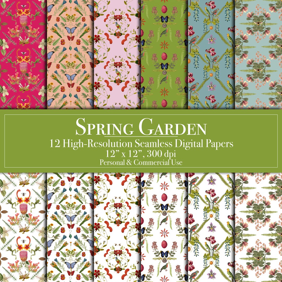 Spring Garden Digital Paper, Seamless Pattern Scrapbook Paper, Planner ...
