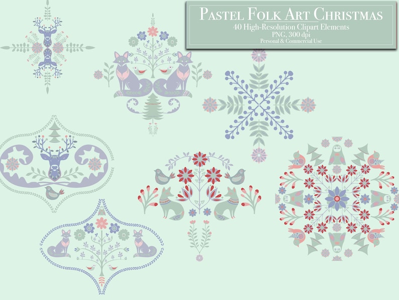 Folk Art Christmas Clipart Pastels, Scandi Clip Art Collection ...
