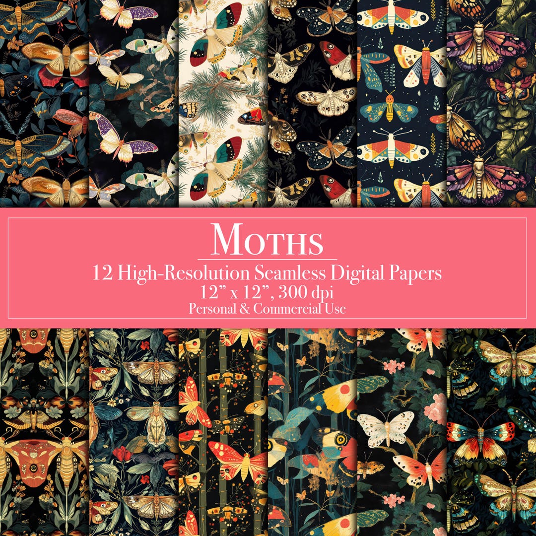Moths Digital Paper, Moth Seamless Digital Scrapbook Paper, Planner ...