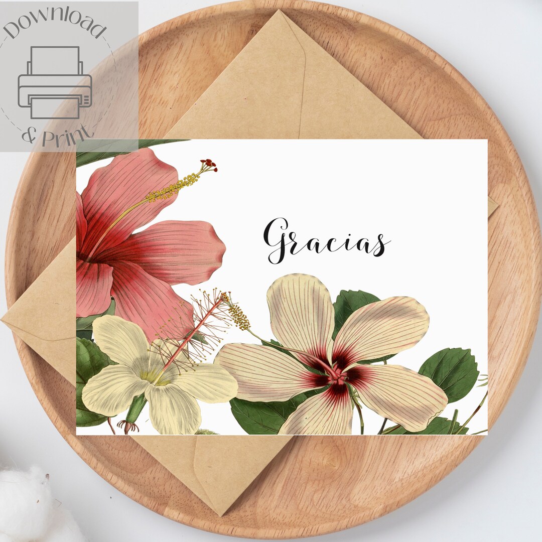Printable Gracias Thank You Card Hibiscus Flowers, Instant Download ...