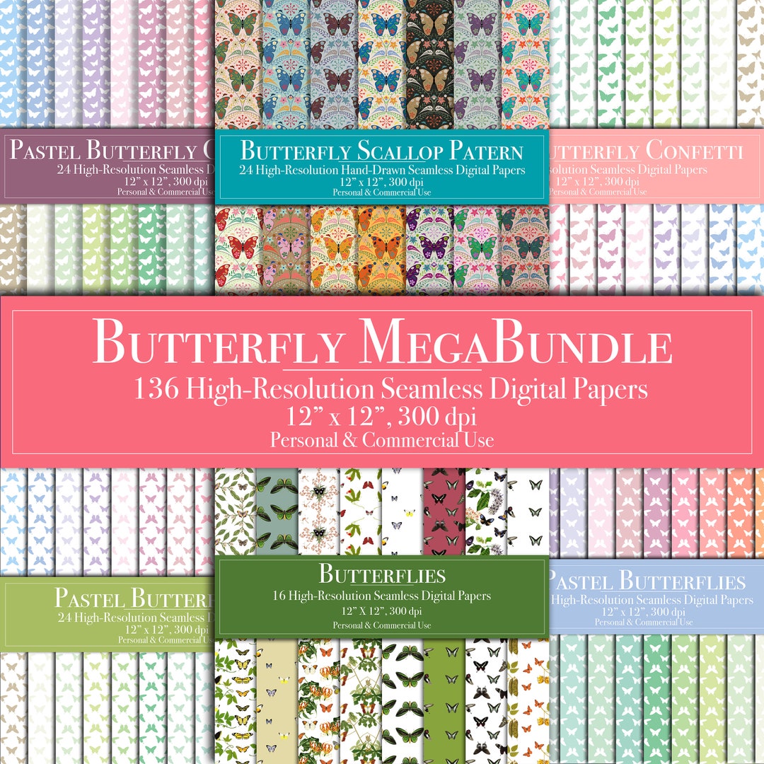 Butterfly Digital Paper Megabundle, Seamless Pattern Scrapbook Paper ...