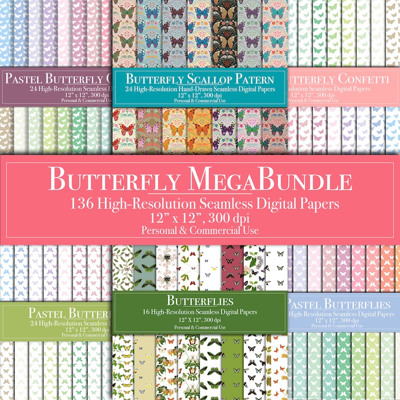 Butterfly Digital Paper Megabundle, Seamless Pattern Scrapbook Paper, Commercial Use, Instant ...