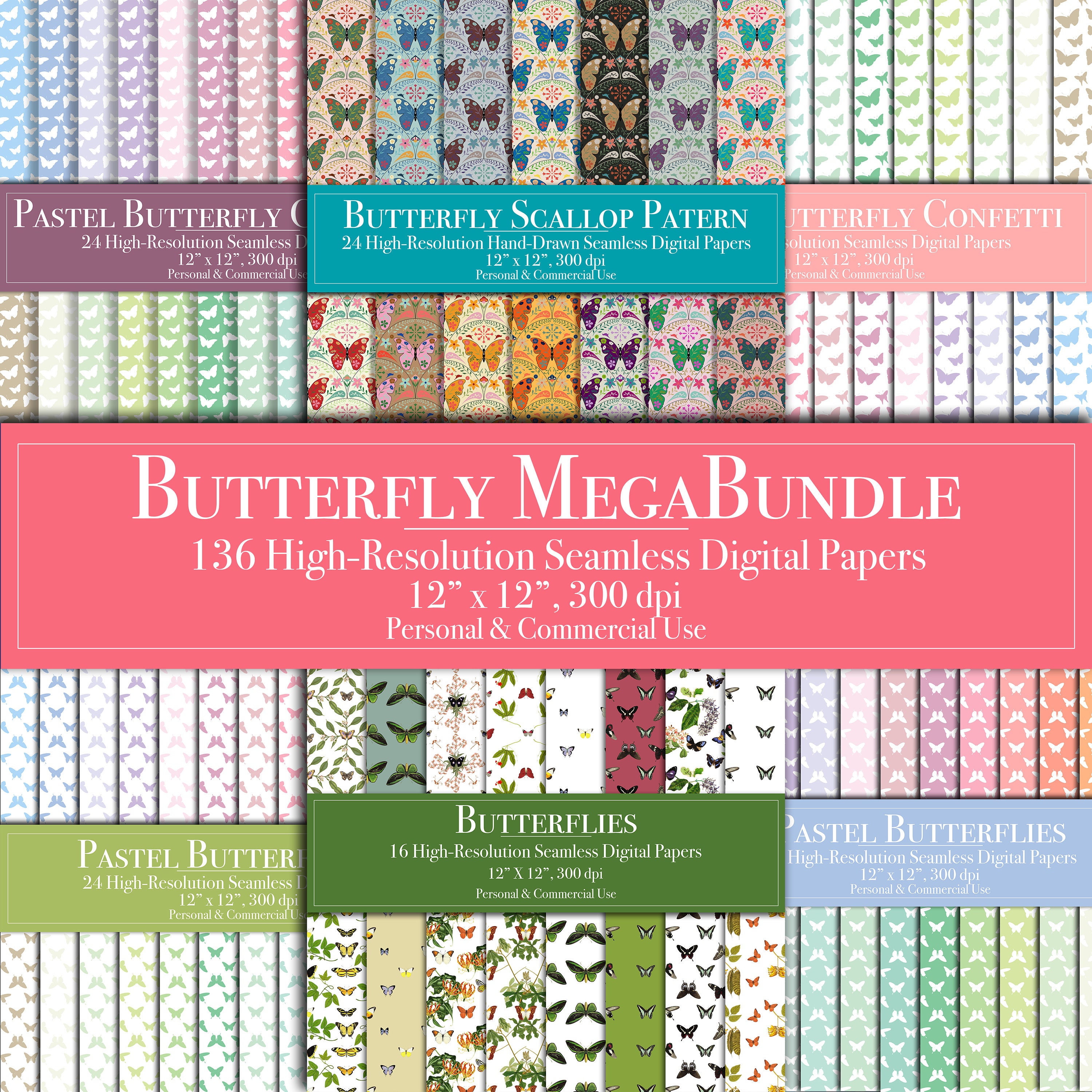 Butterfly Digital Paper Megabundle, Seamless Pattern Scrapbook Paper ...