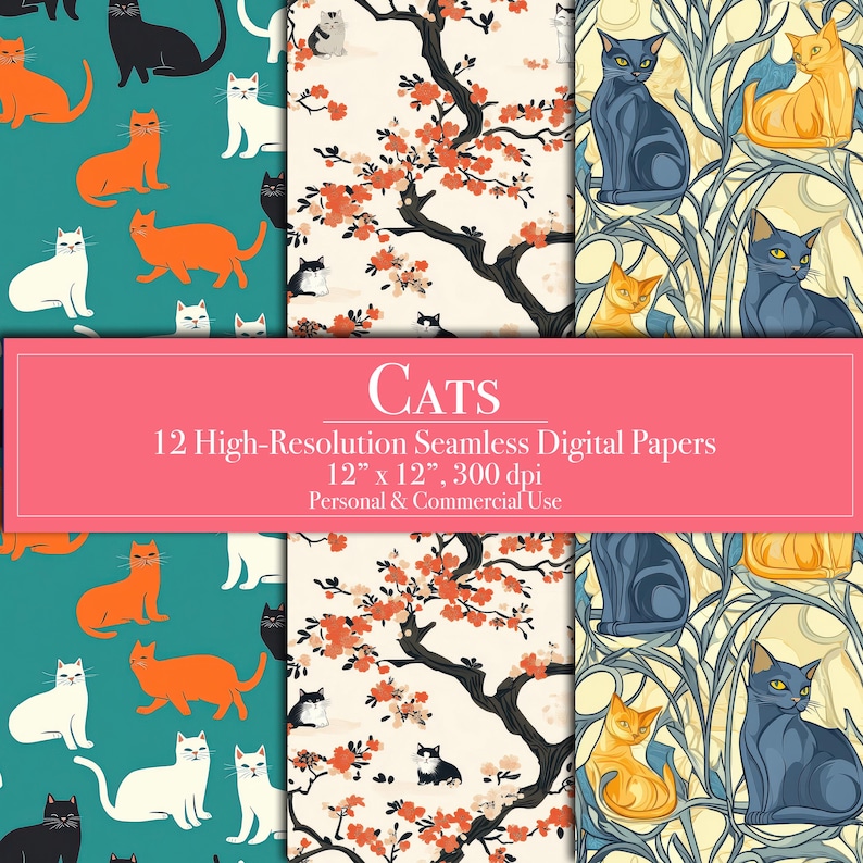 Cats Digital Paper Pack, Seamless Cat Lovers Scrapbook Pattern for ...