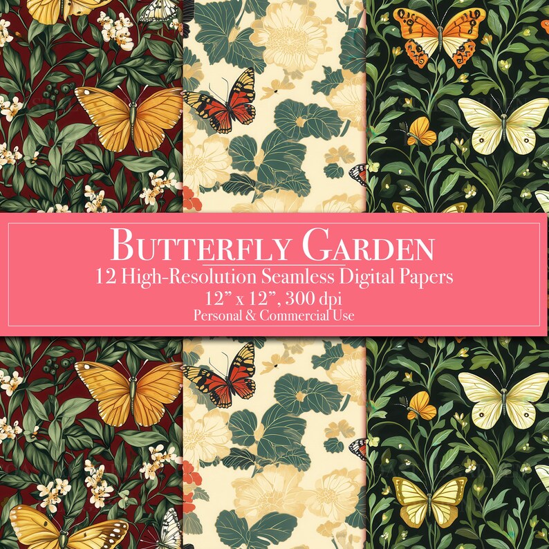 Butterfly Garden Digital Paper, Insect Seamless Digital Scrapbook Paper ...