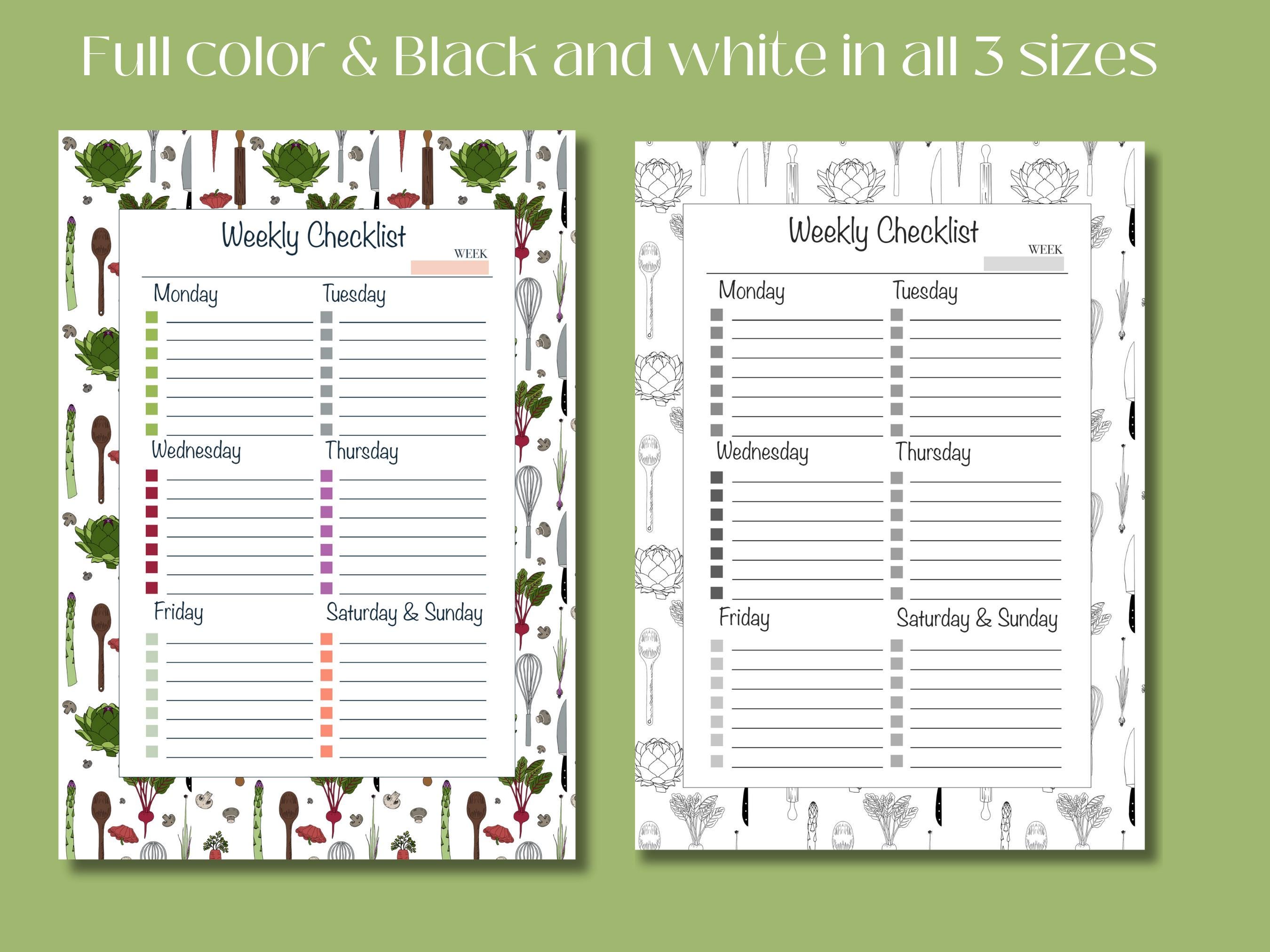 Cooking Printable Weekly Checklist Template, Chef Theme, Foodie Blank ...