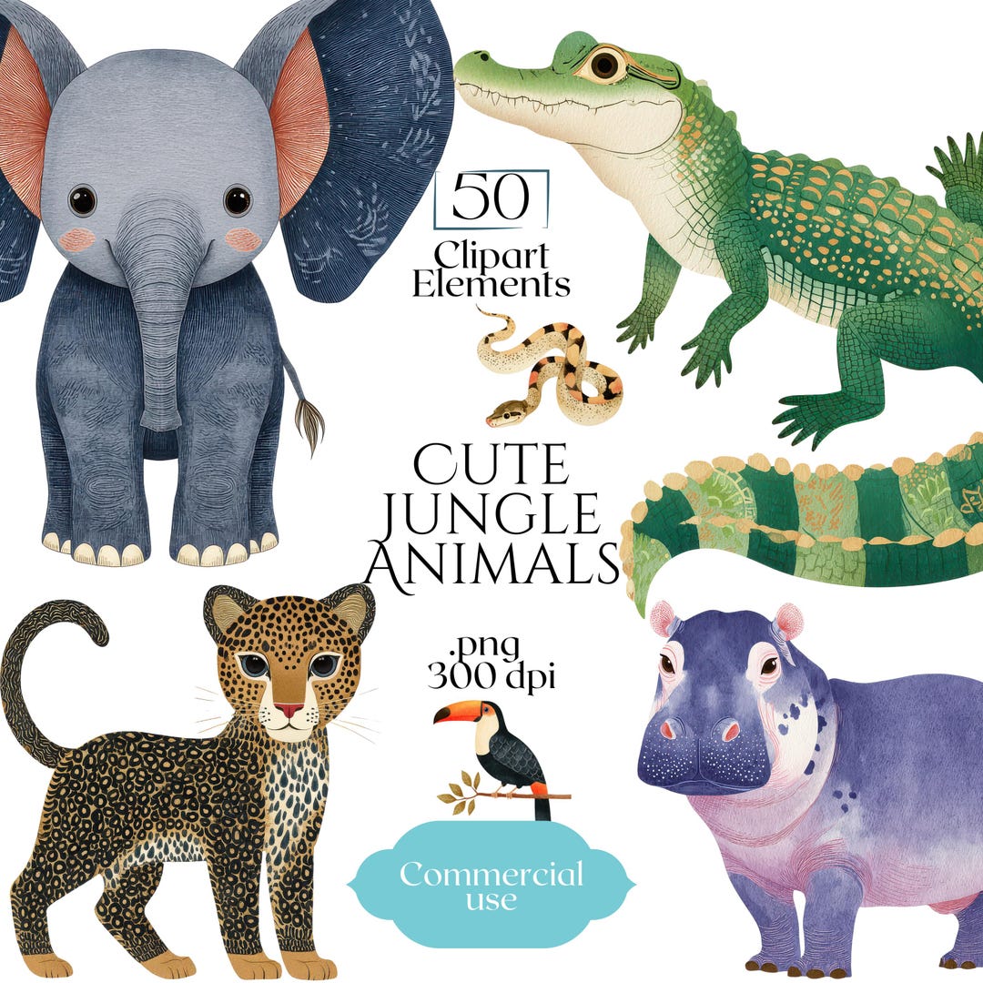Cute Jungle Animals Clipart, Safari Animal PNG Bundle, Tropical ...