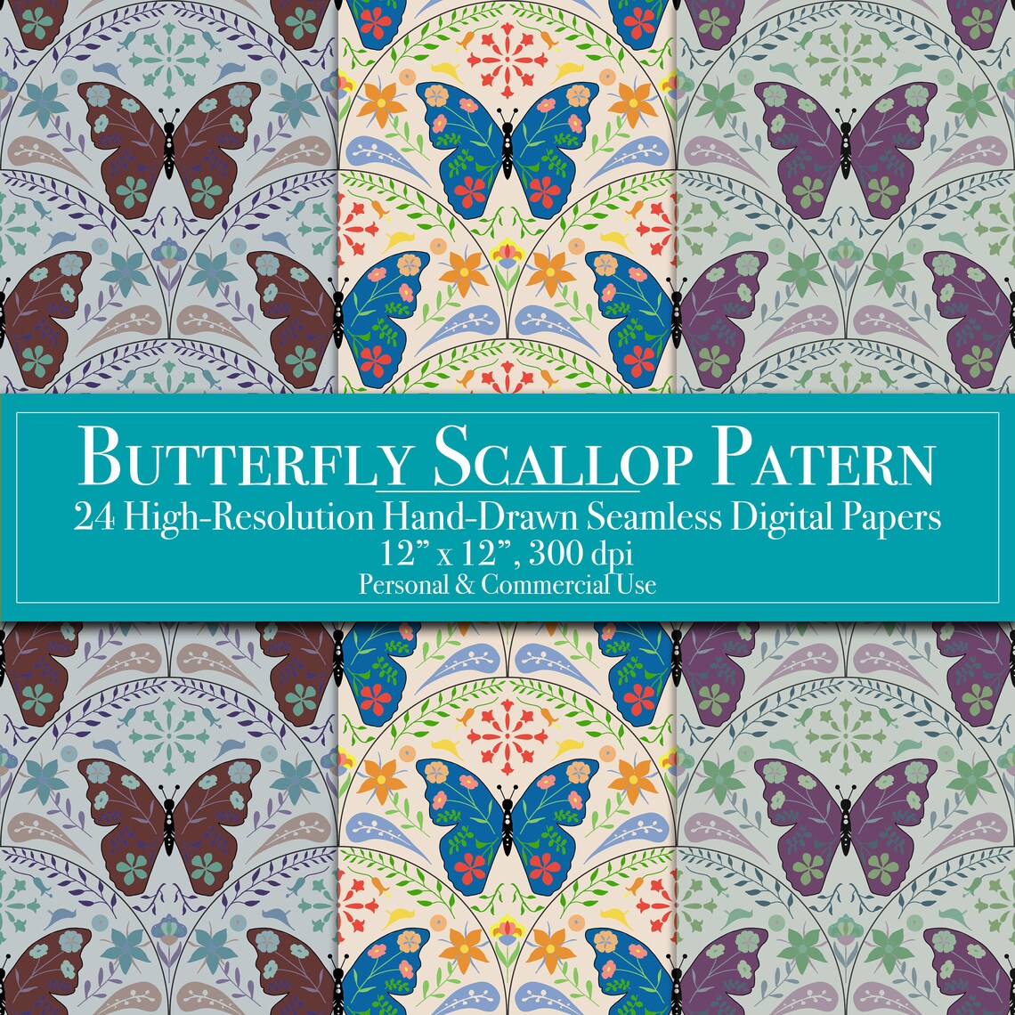 Butterfly Scallop Digital Paper Bundle, Seamless Patterns Scrapbook ...