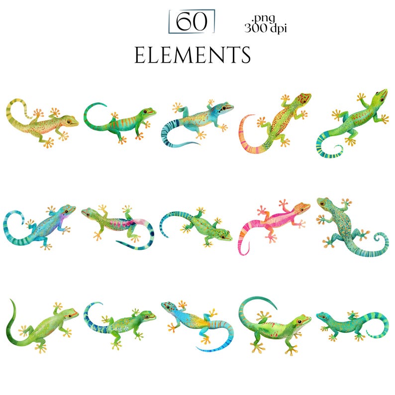 Gecko Clipart, Watercolor Gecko PNG Elements, Tropical Lizard ...