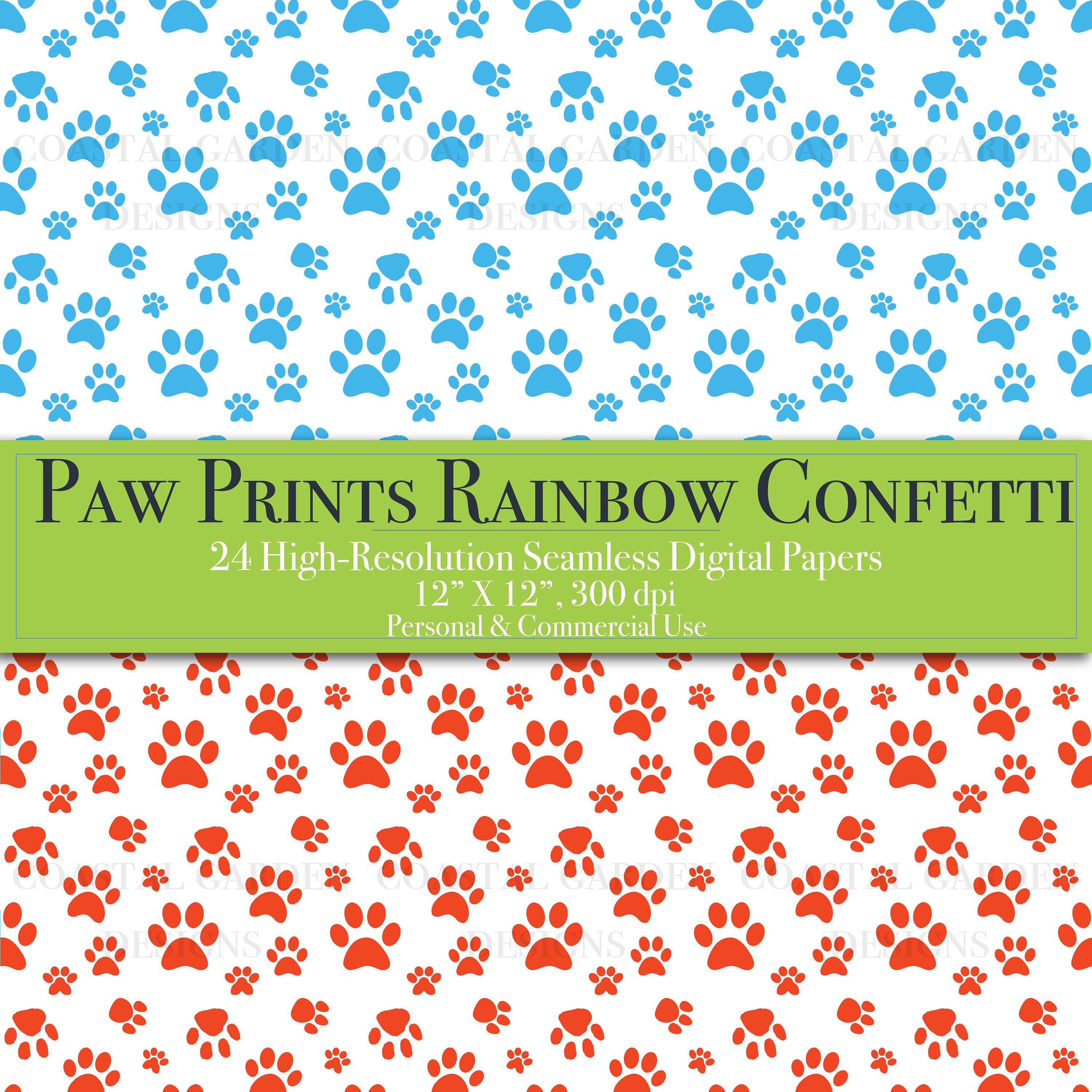 Rainbow Paw Prints Confetti Digital Paper, Seamless (digital Download ...