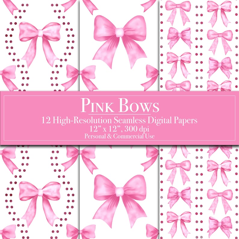Pink Bows Digital Papers, Preppy Seamless Pattern, Coquette Ribbons ...