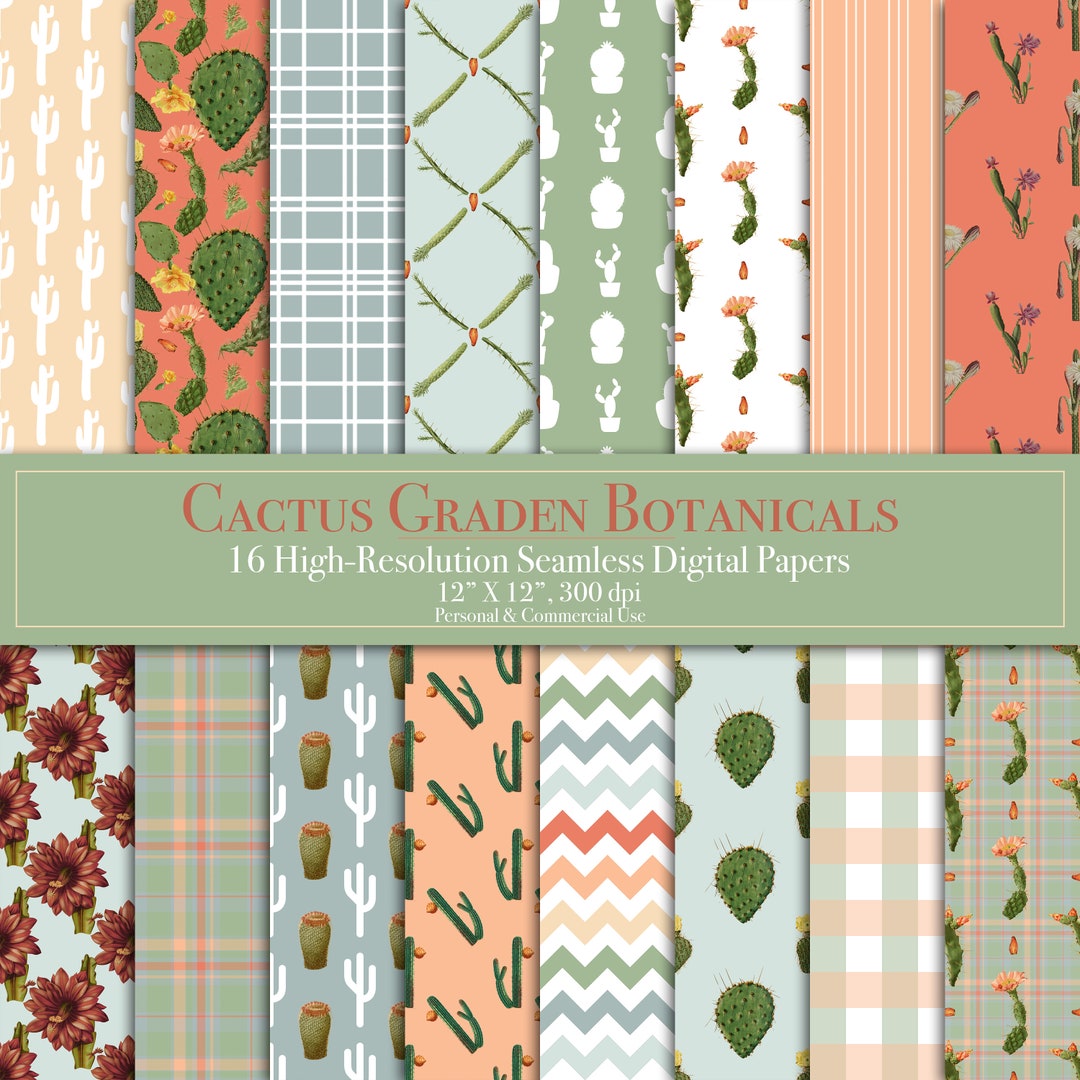 Cactus Garden Botanicals Digital Papers, Seamless Pattern, Scrapbook ...