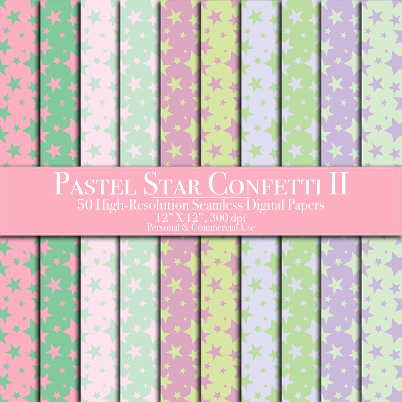 Pastel Rainbow Star Confetti Digital Paper, Seamless Pattern Scrapbook ...