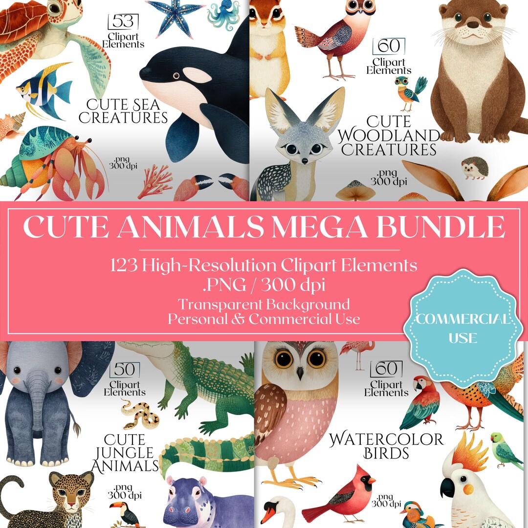 Cute Animals Clipart Mega Bundle, Watercolor Woodland Jungle Sea ...