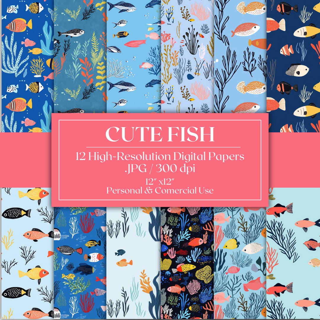 Cute Fish Digital Paper, Seamless Fishing Scrapbook Pattern, Under the ...