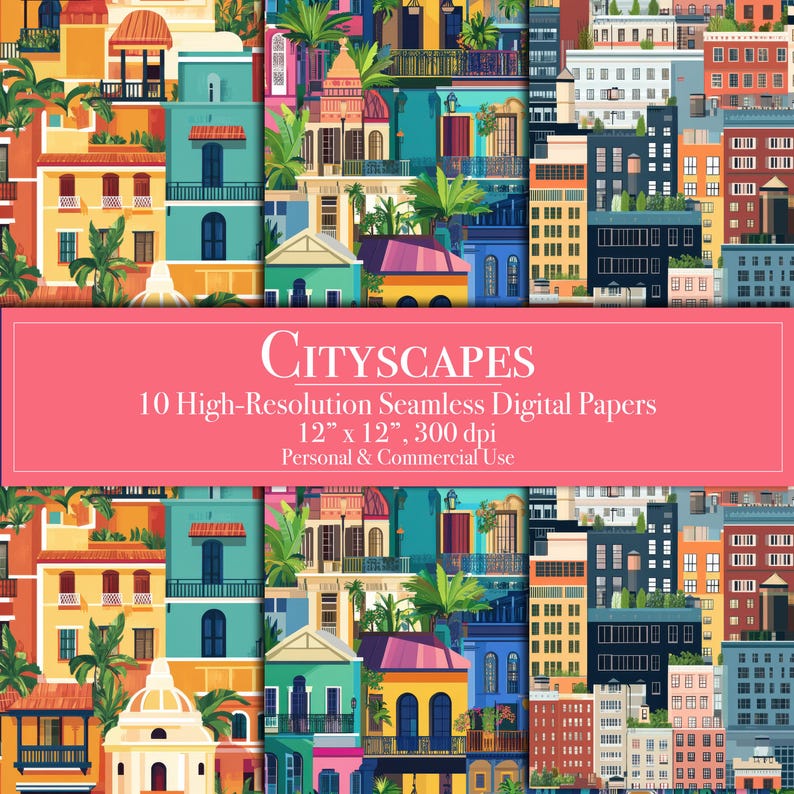 Cityscape Digital Papers, Buildings Seamless Digital Scrapbook Patterns ...
