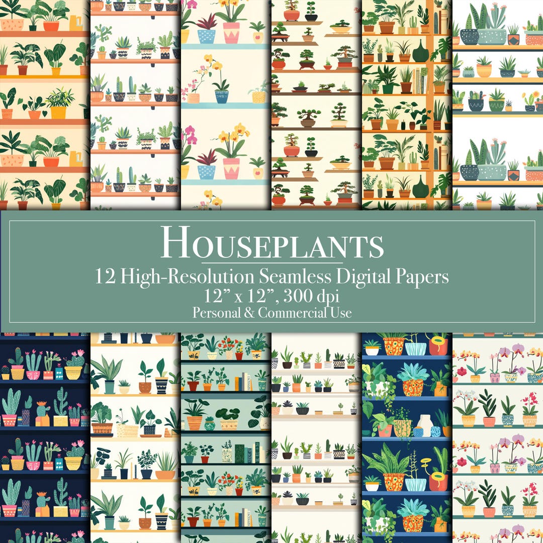 Houseplant Digital Paper, Plant Lovers Seamless Digital Scrapbook Paper ...