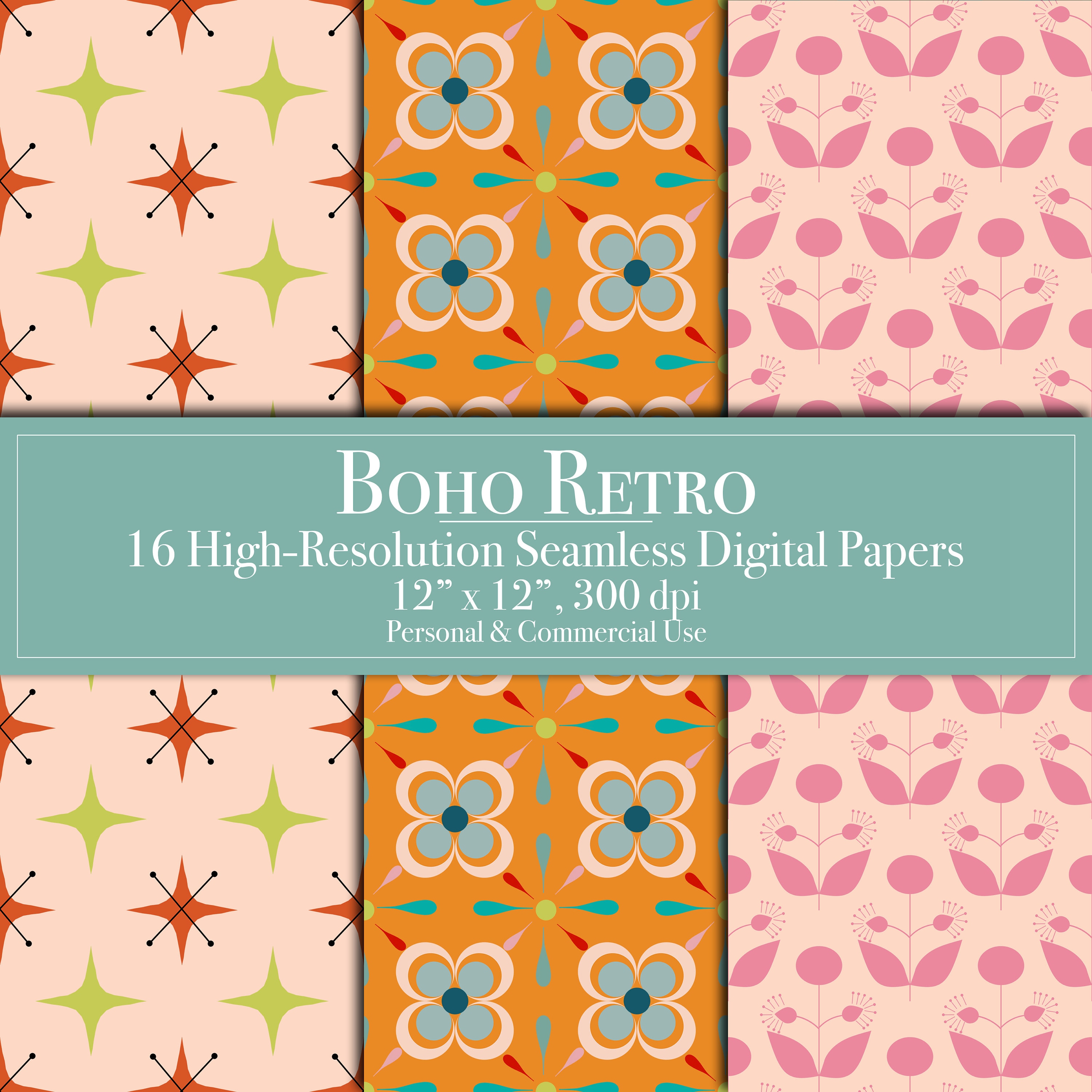 Boho Retro Digital Papers, Seamless Pattern Scrapbook Paper Commercial ...