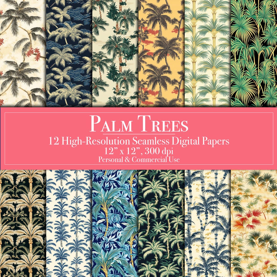 Palm Trees Digital Papers, Seamless Digital Scrapbook Patterns Planner ...