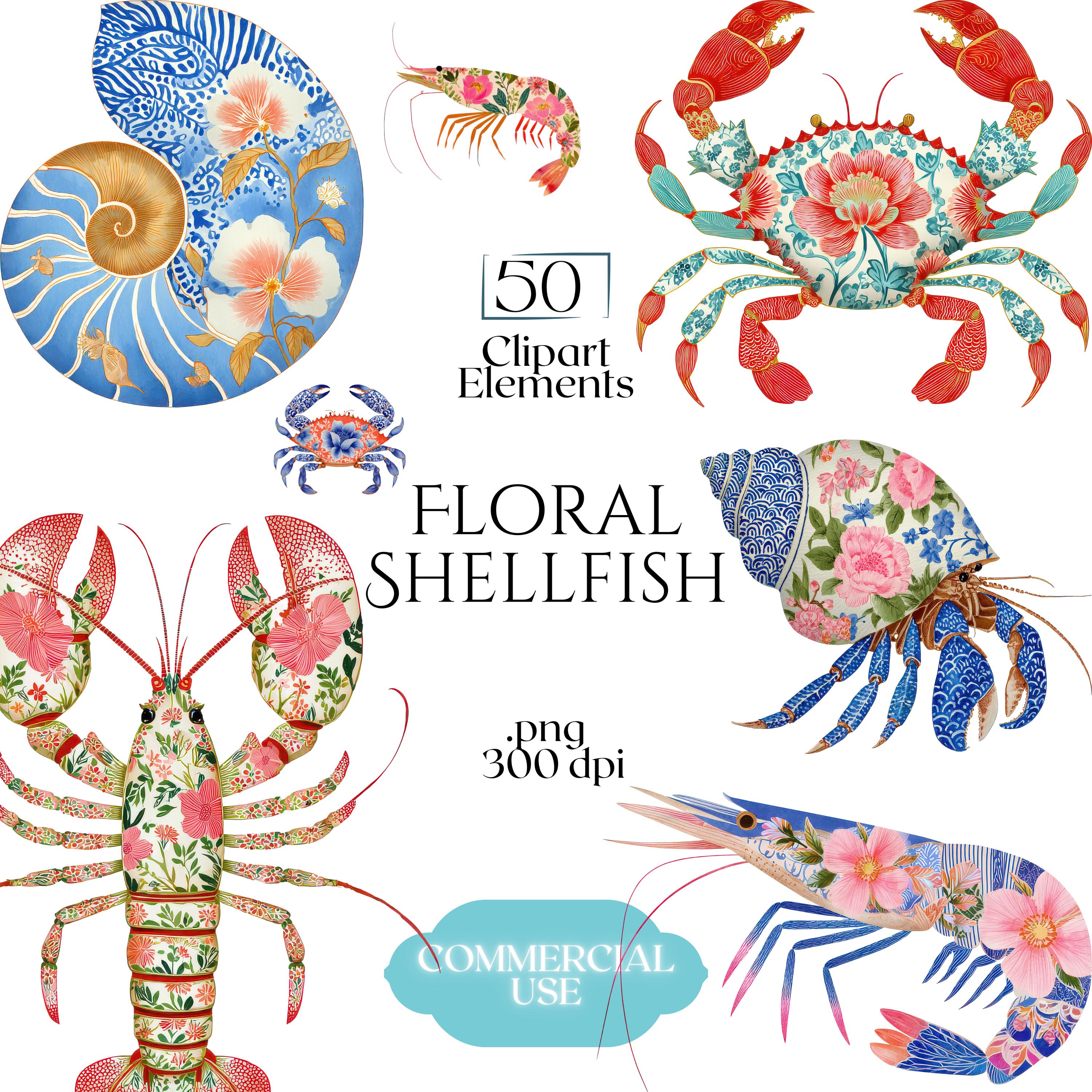 Floral Shellfish Clipart, Coastal Botanical Crab Lobster PNG ...