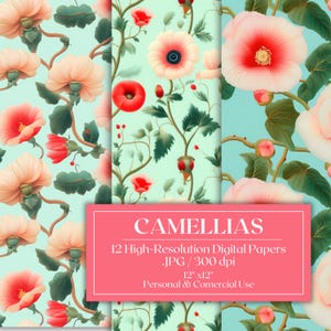 Camellias Digital Papers, Japanese Floral Scrapbook Paper, Botanical ...