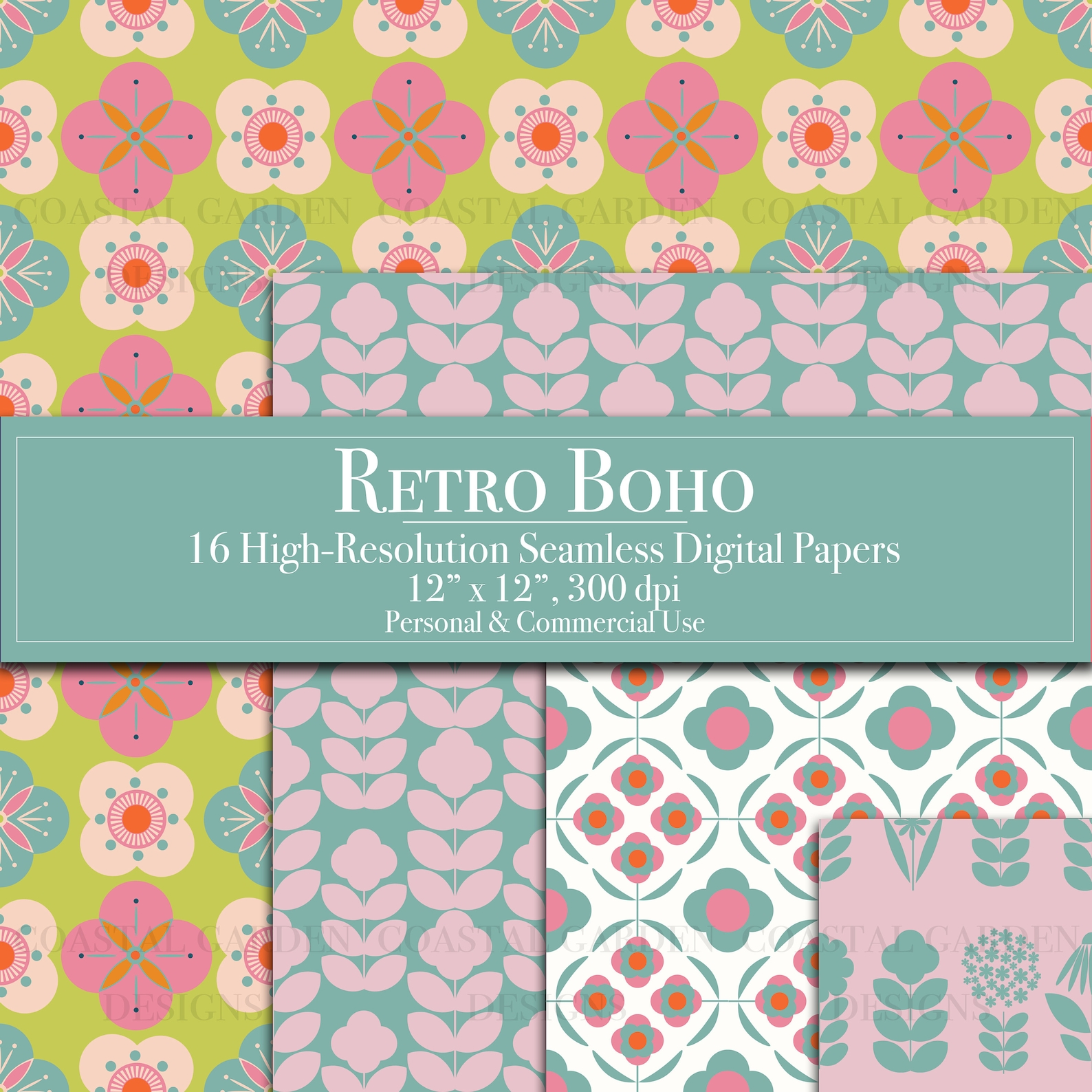 Retro Digital Papers, Boho Seamless Pattern Scrapbook Paper Commercial ...