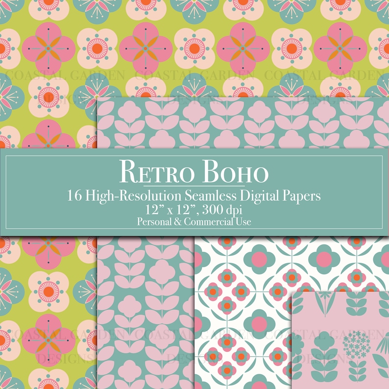 Retro Digital Papers, Boho Seamless Pattern Scrapbook Paper Commercial ...