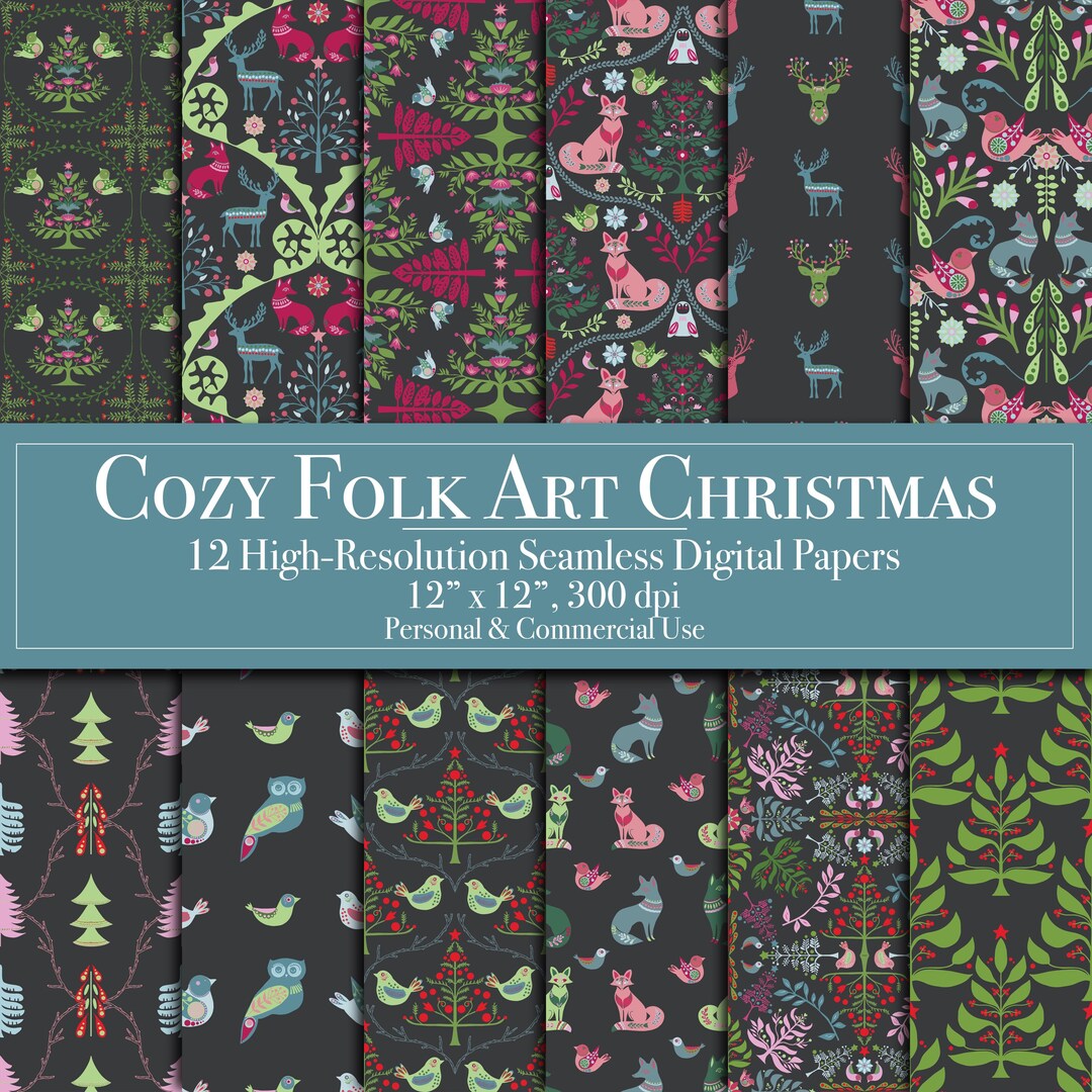 Cozy Folk Art Christmas Digital Paper Scandi Seamless Digital Scrapbook ...