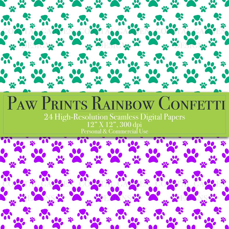 Paw Prints Rainbow Confetti Digital Paper Bundle, Seamless Pattern, Dog ...