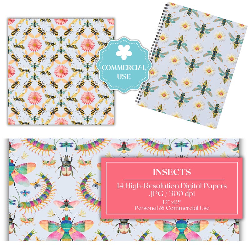 Insects Digital Papers, Seamless Bug Patterns, Botanical Insect ...