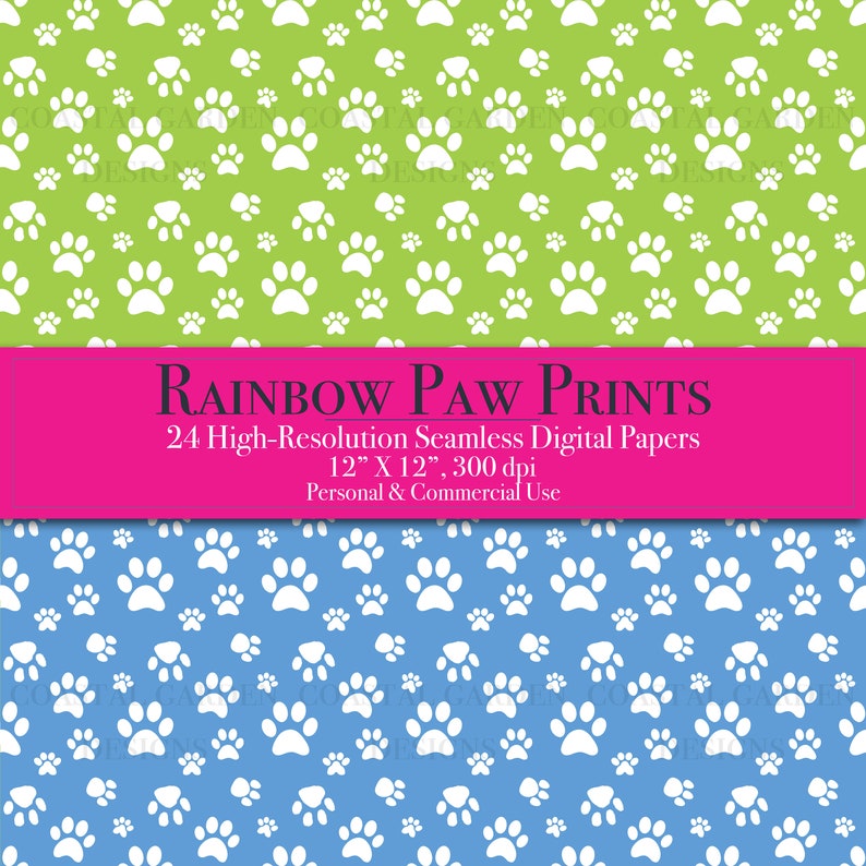 Rainbow Paw Prints Digital Paper Bundle, Animal Seamless Pattern, Dog ...