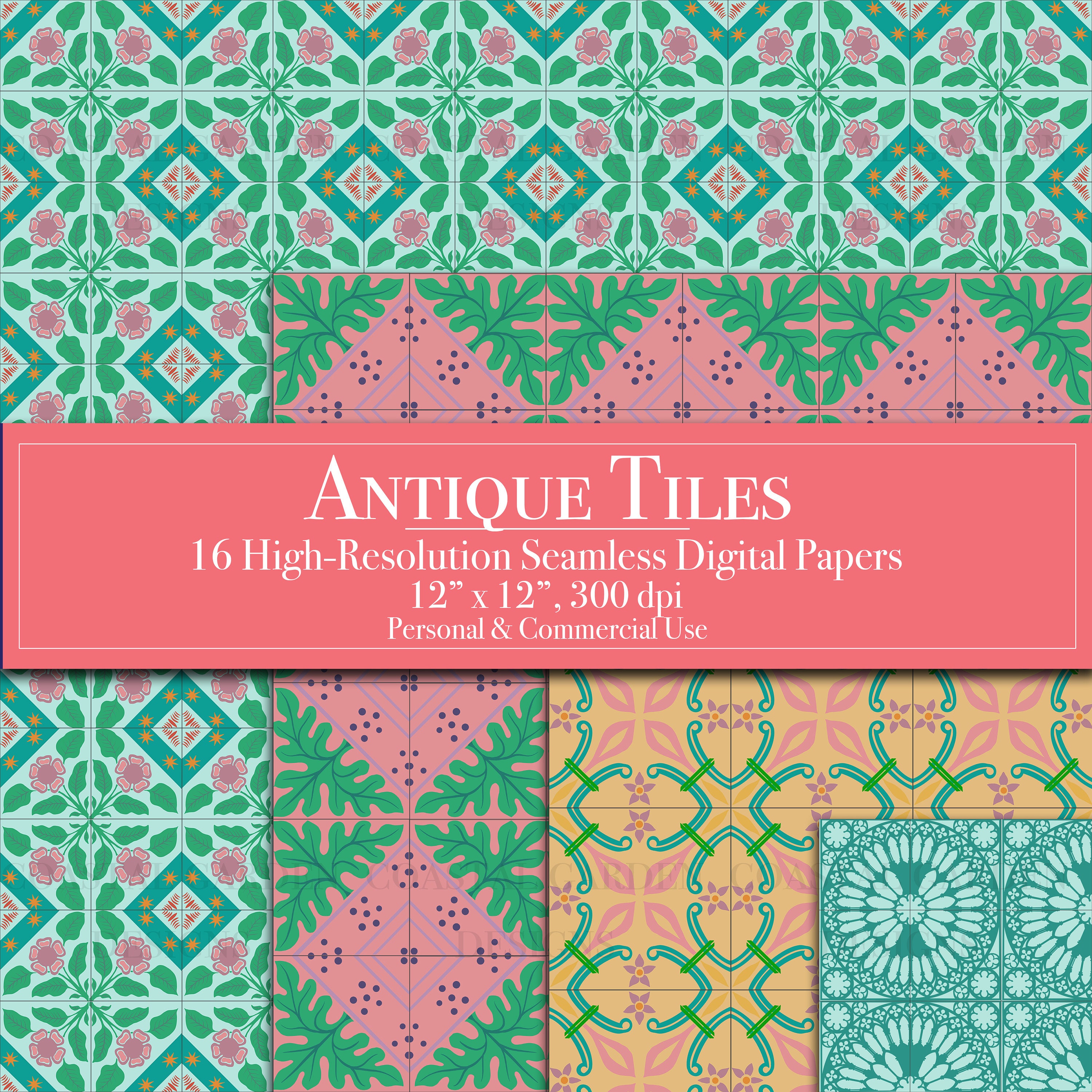 Antique Tiles Digital Paper Bundle, Seamless Patterns, Scrapbook Paper ...