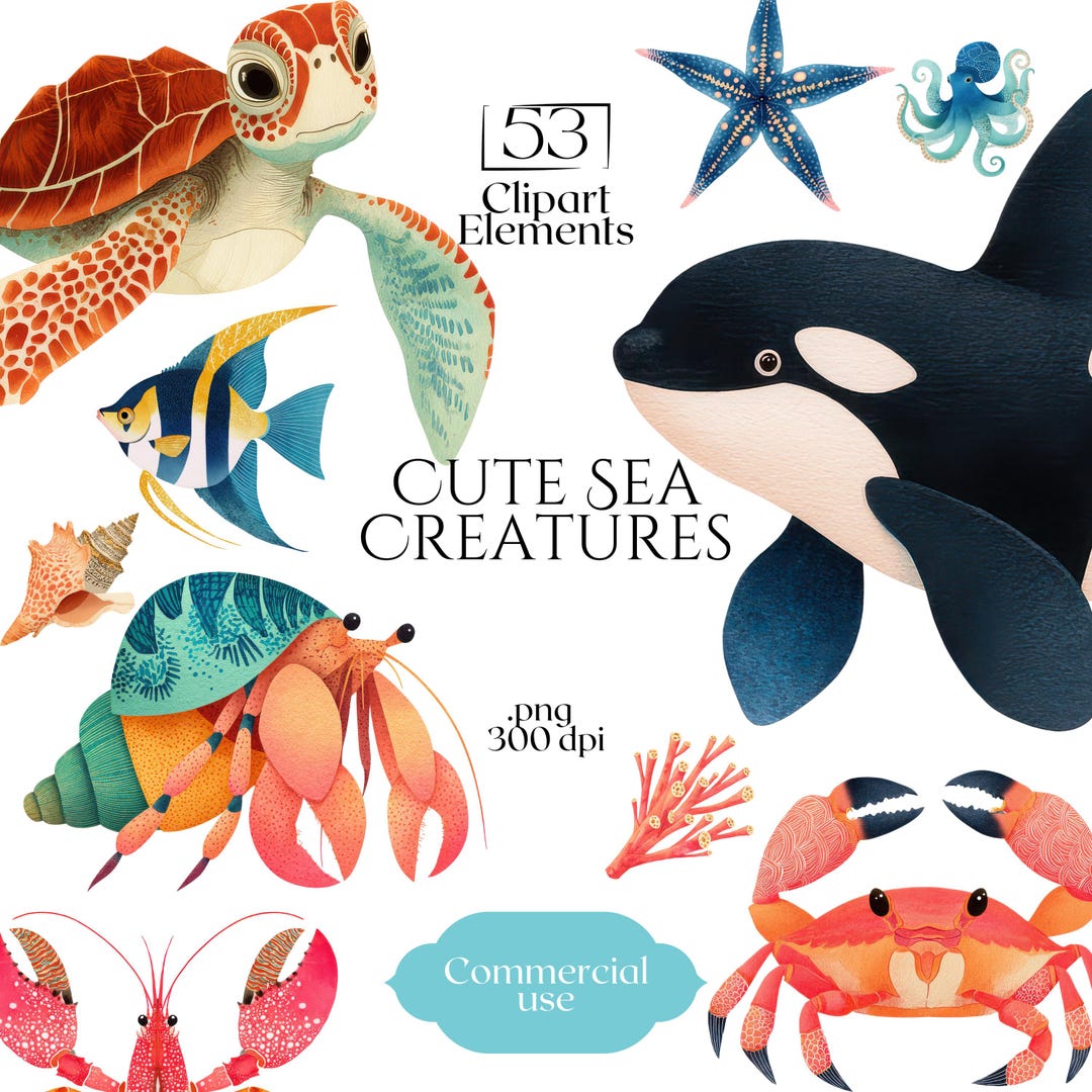 Cute Sea Creatures Clipart, Ocean Animal PNG Bundle, Sea Life ...