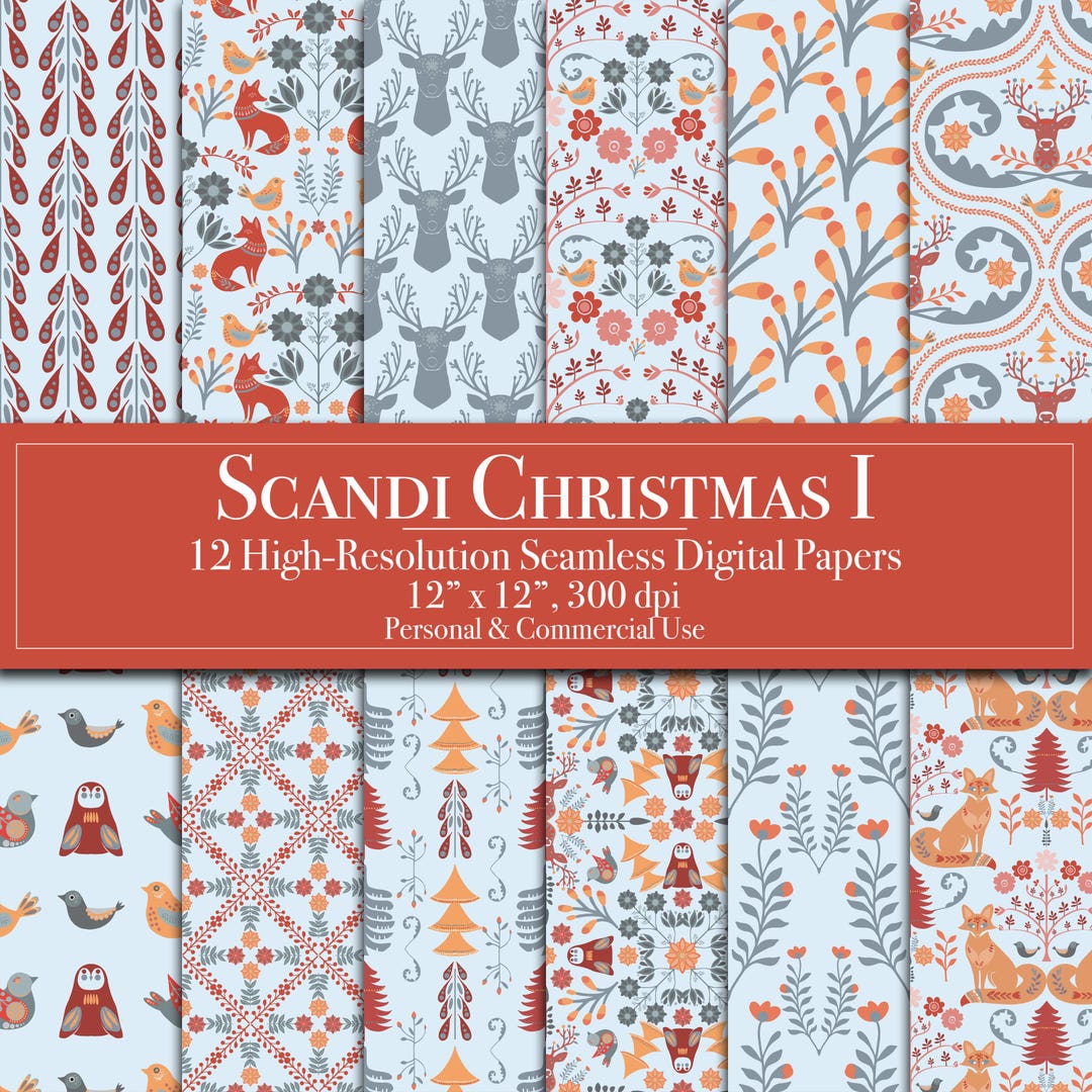 Scandi Folk Art Christmas Digital Paper, Seamless Digital Scrapbook ...