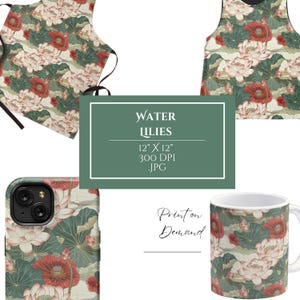 Water Lilies Digital Paper, Lotus Flowers Seamless Digital Scrapbook ...