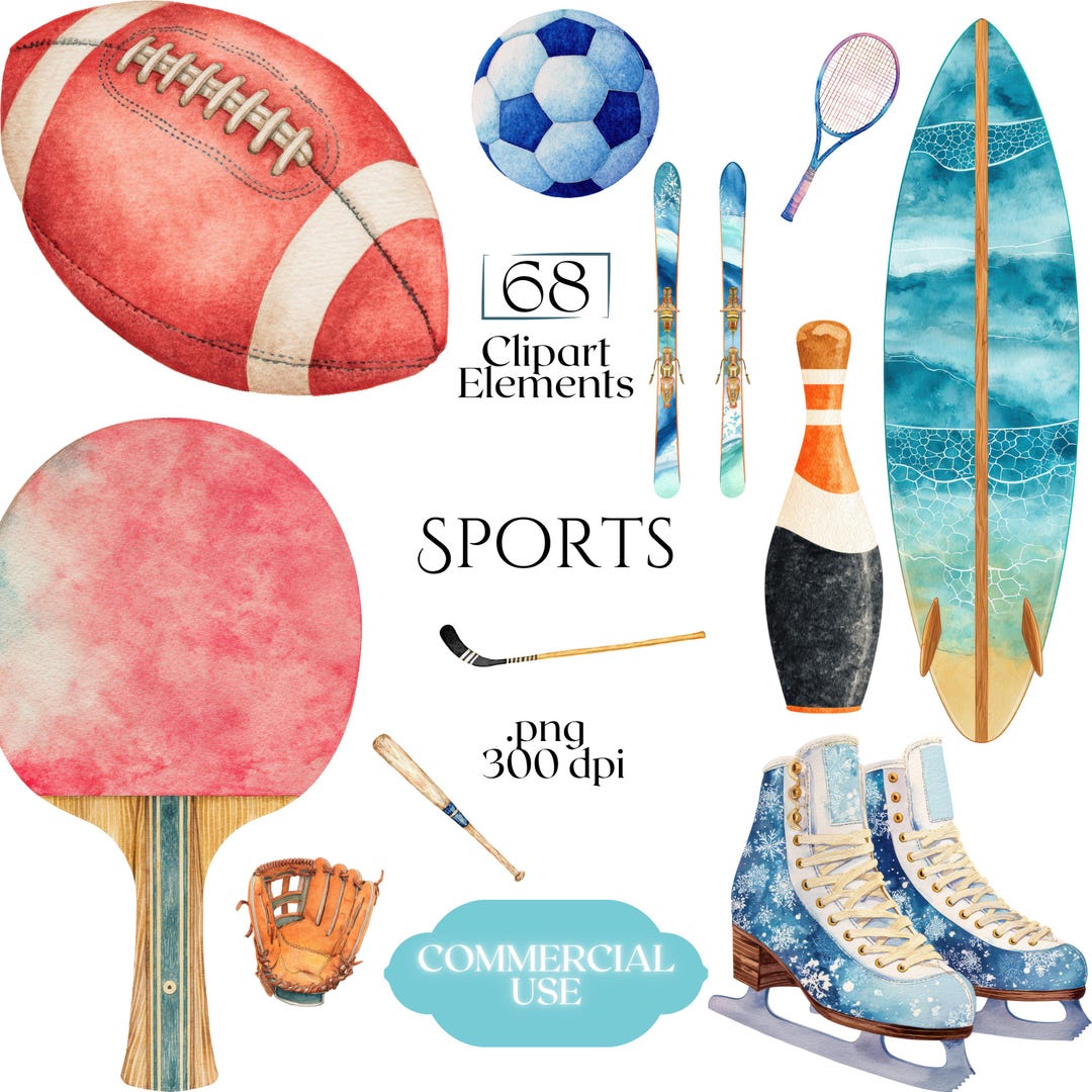 Sports Clipart, Watercolor Sport Balls Graphics, Sport Equipment Team ...