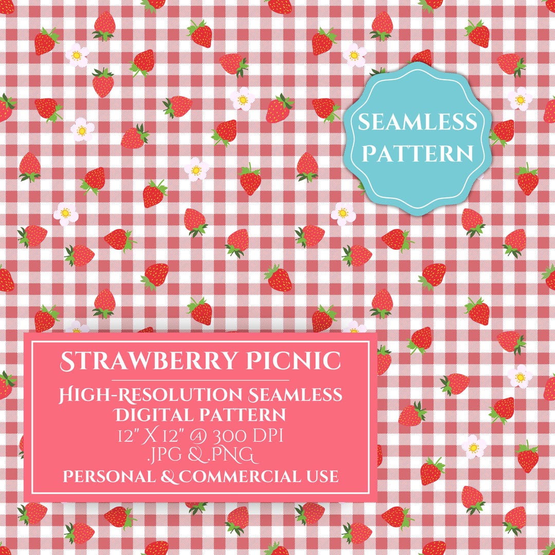 Strawberry Picnic Digital Pattern, Seamless Strawberries Repeating ...