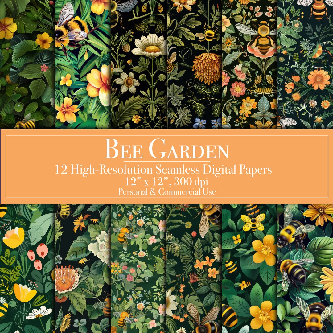 Bee Garden Digital Papers, Seamless Pattern Scrapbook Paper, Commercial ...