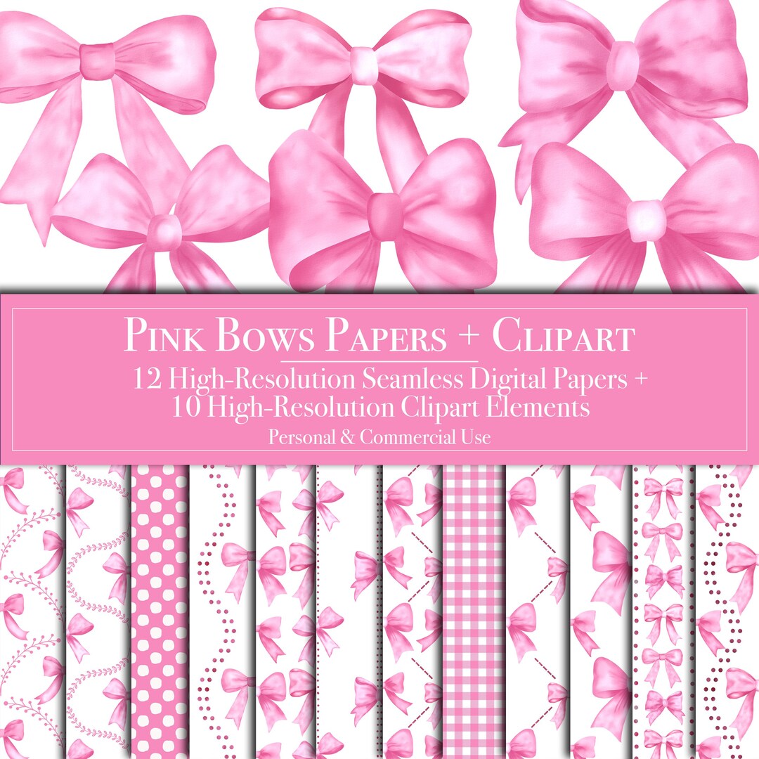 Pink Bows Digital Papers & Clipart Bundle, Ribbon Seamless Scrapbook ...