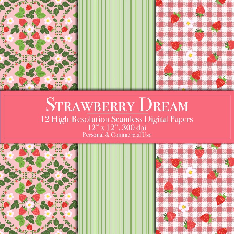 Strawberry Digital Paper Cute Strawberries Seamless Digital Scrapbook ...