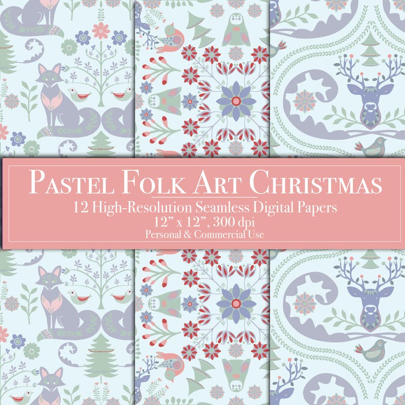 Pastel Folk Art Christmas Digital Paper, Seamless Digital Scrapbook ...