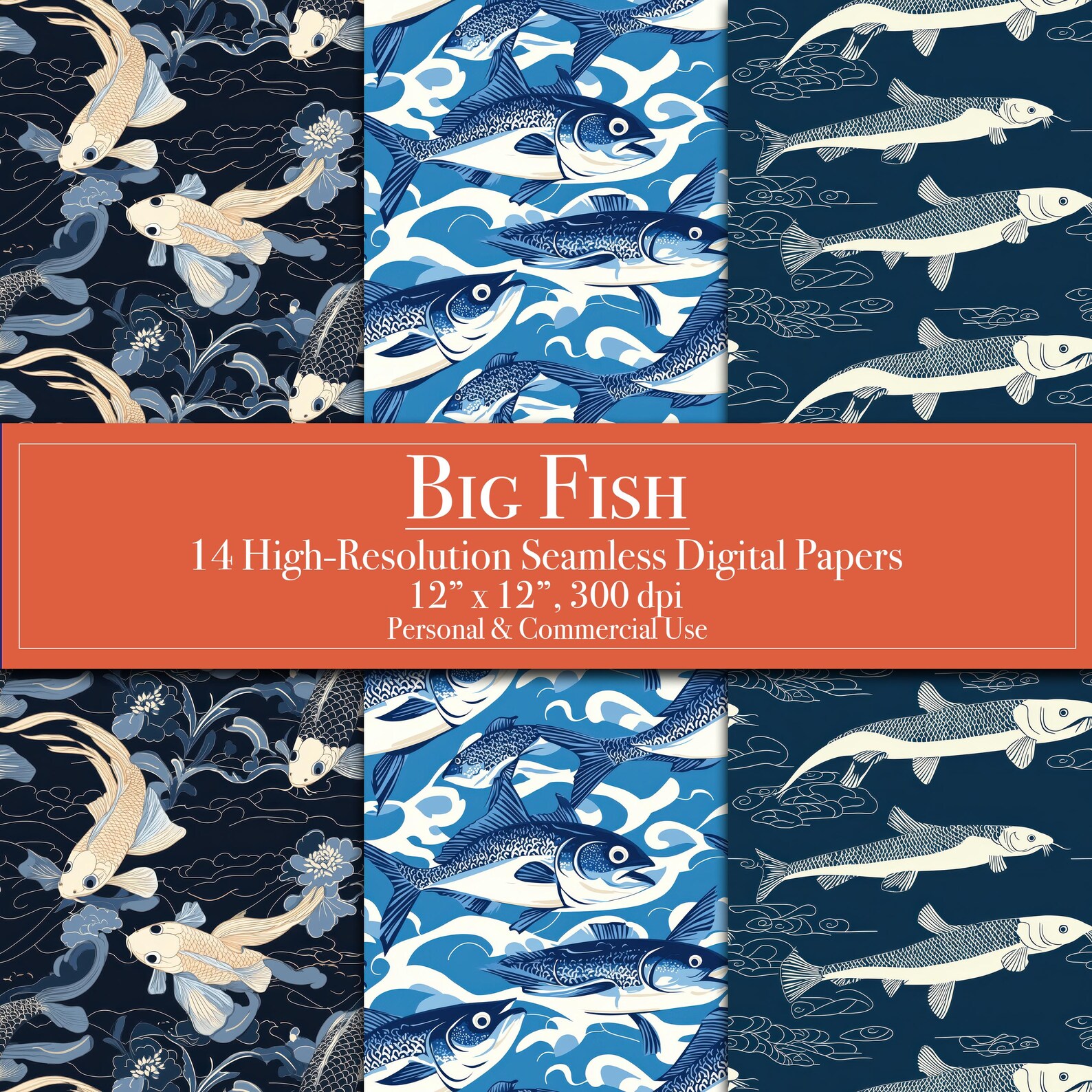 Big Fish Digital Papers, Fishing Seamless Pattern Scrapbook Paper ...