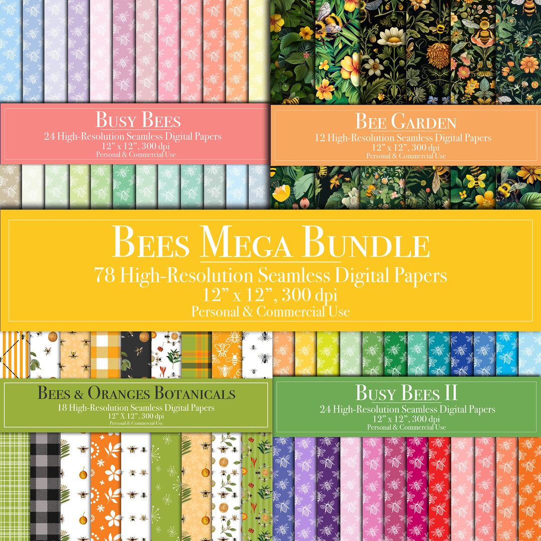 Bees Digital Paper Megabundle, 78 Seamless Pattern Scrapbook Papers ...