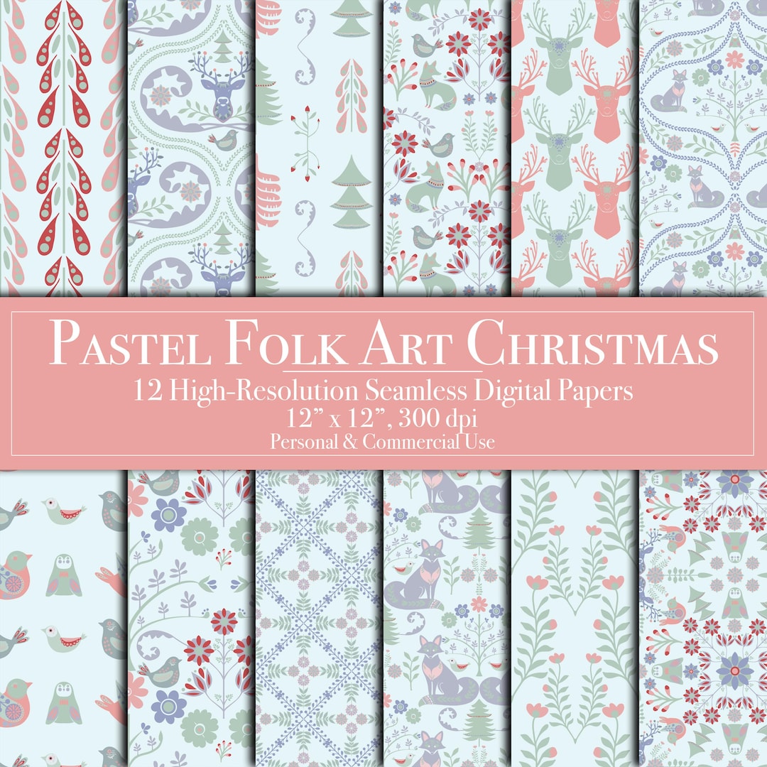 Pastel Folk Art Christmas Digital Paper, Seamless Digital Scrapbook ...
