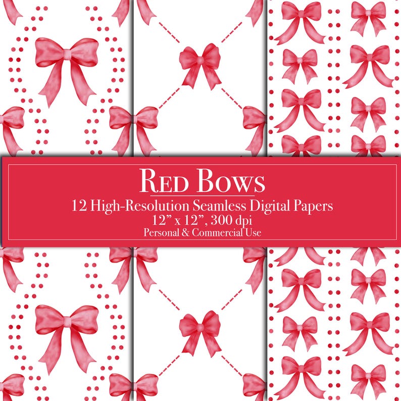 Red Bows Digital Papers & Clipart Bundle, Ribbon Seamless Scrapbook ...