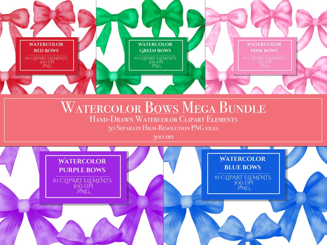 Watercolor Bows Clipart Mega Bundle, Cute Stickers Party Decorations ...