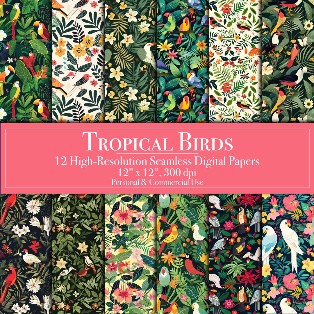 Tropical Birds Digital Papers, Seamless Digital Scrapbook Patterns ...